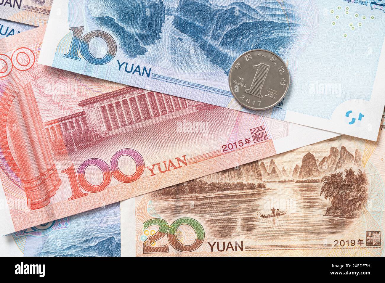 Many of different Chinese yuan banknotes. Chinese paper currency Yuan ...