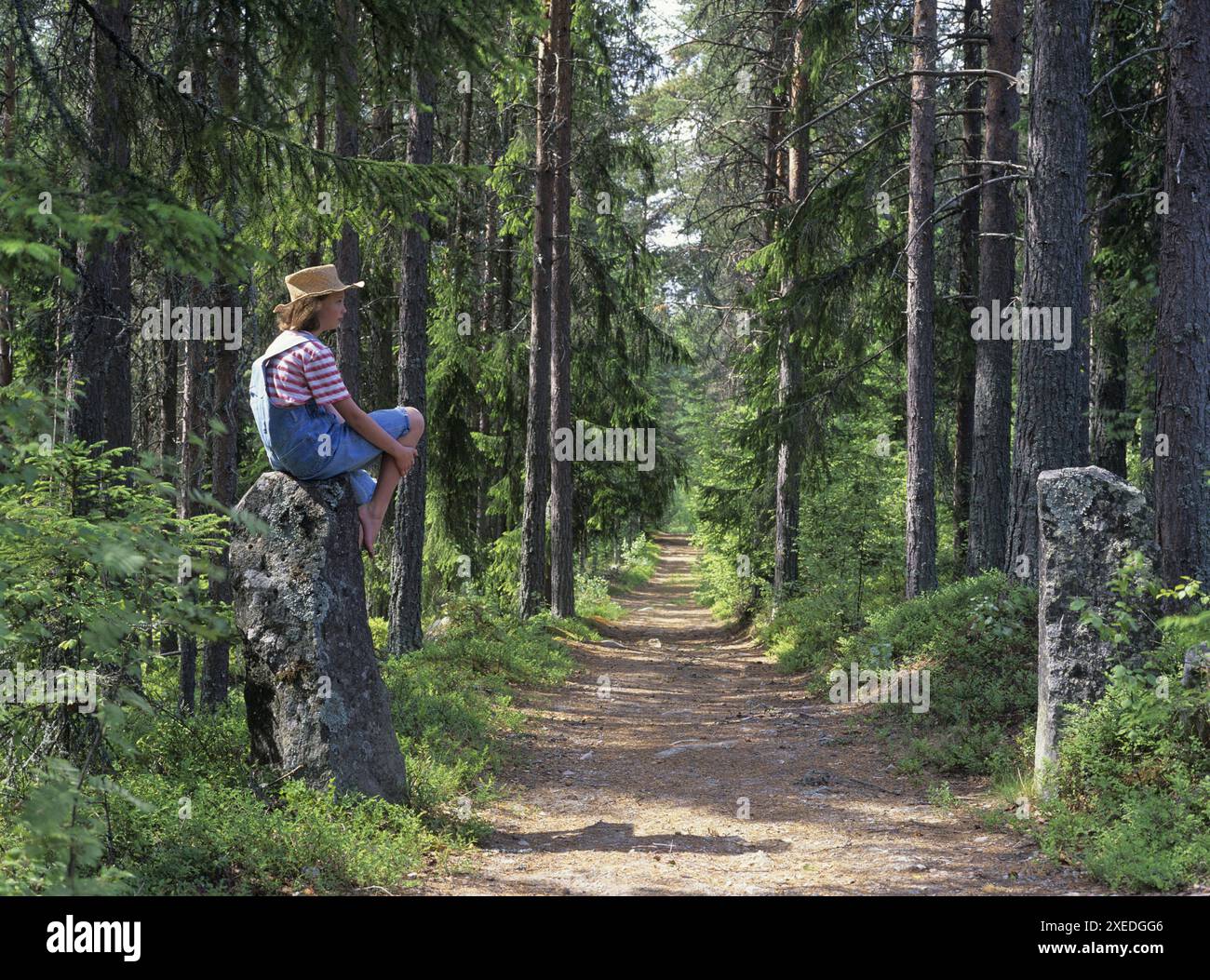Girl sitting on a stone by a forest path Stock Photo - Alamy