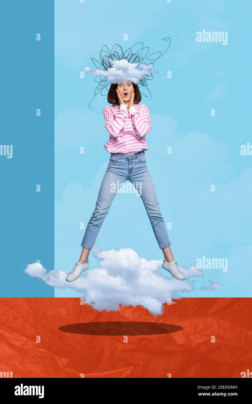 Vertical picture collage young woman astonished shocked reaction wow ...