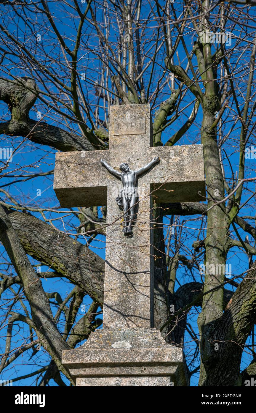 Crucified Jesus Christ on the cross. Tree and blue sky in the ...
