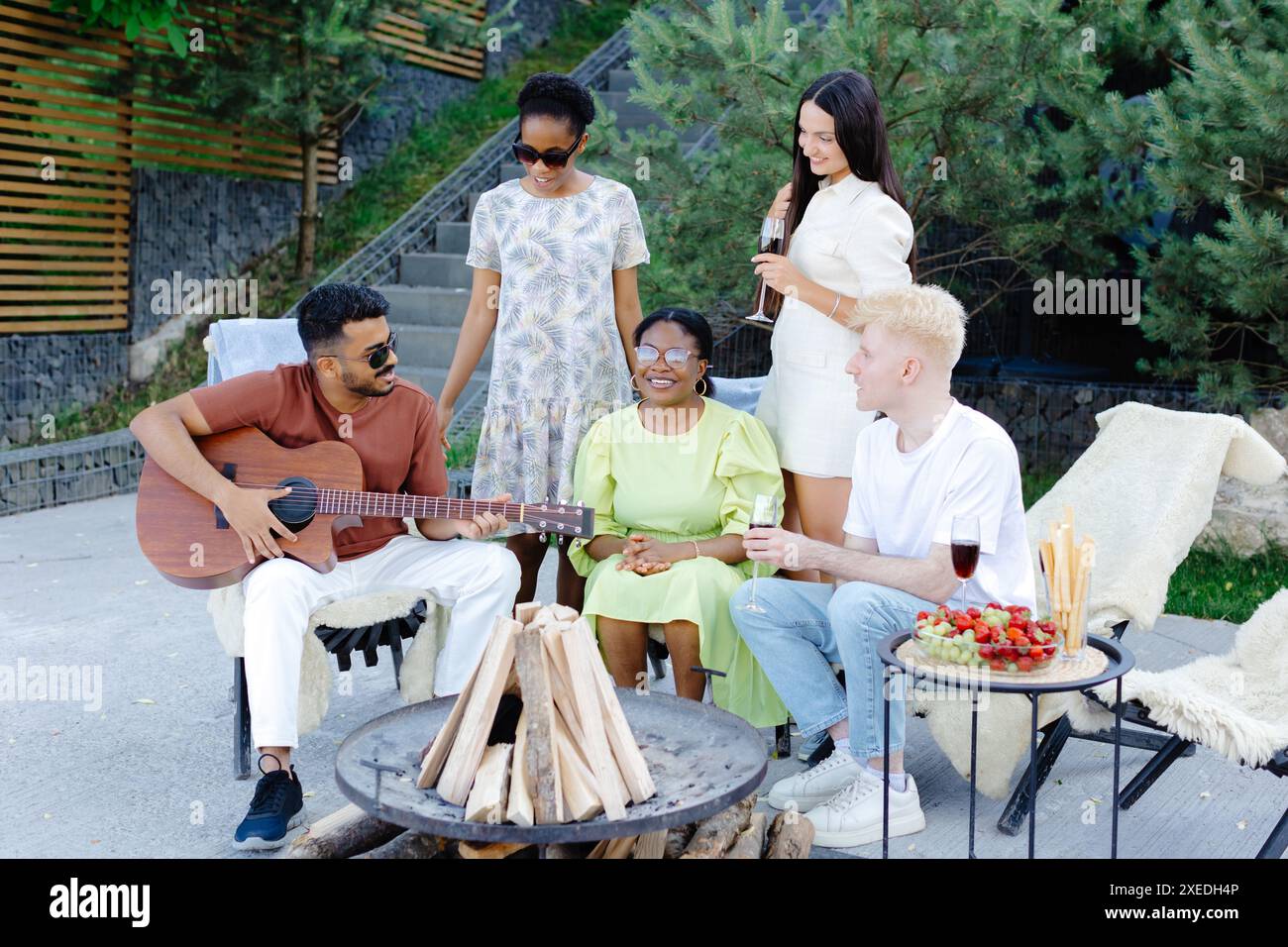 Friends have fun at a picnic, sing songs, dance, drink wine Stock Photo ...