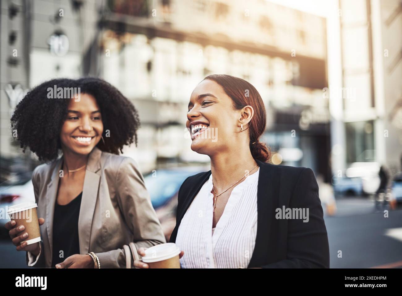 Women, business people and happy in city for commute, partners and ...