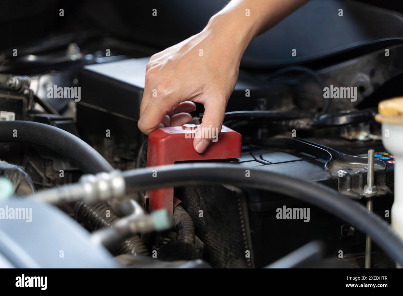 A woman inspecting the battery of a car, standing in front of the car ...