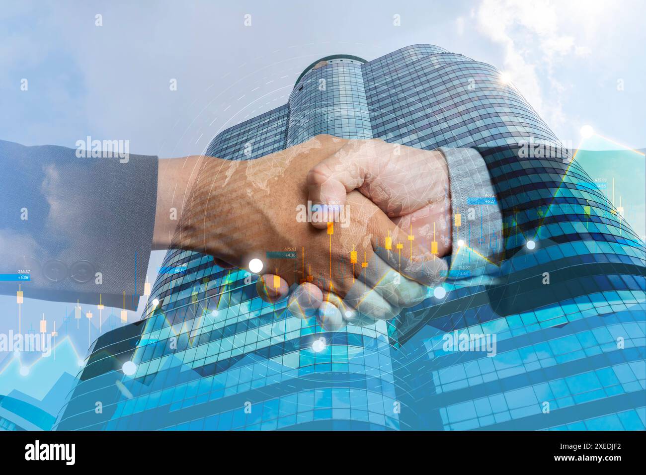 Side view of businessmen shaking hands on bright city background with ...