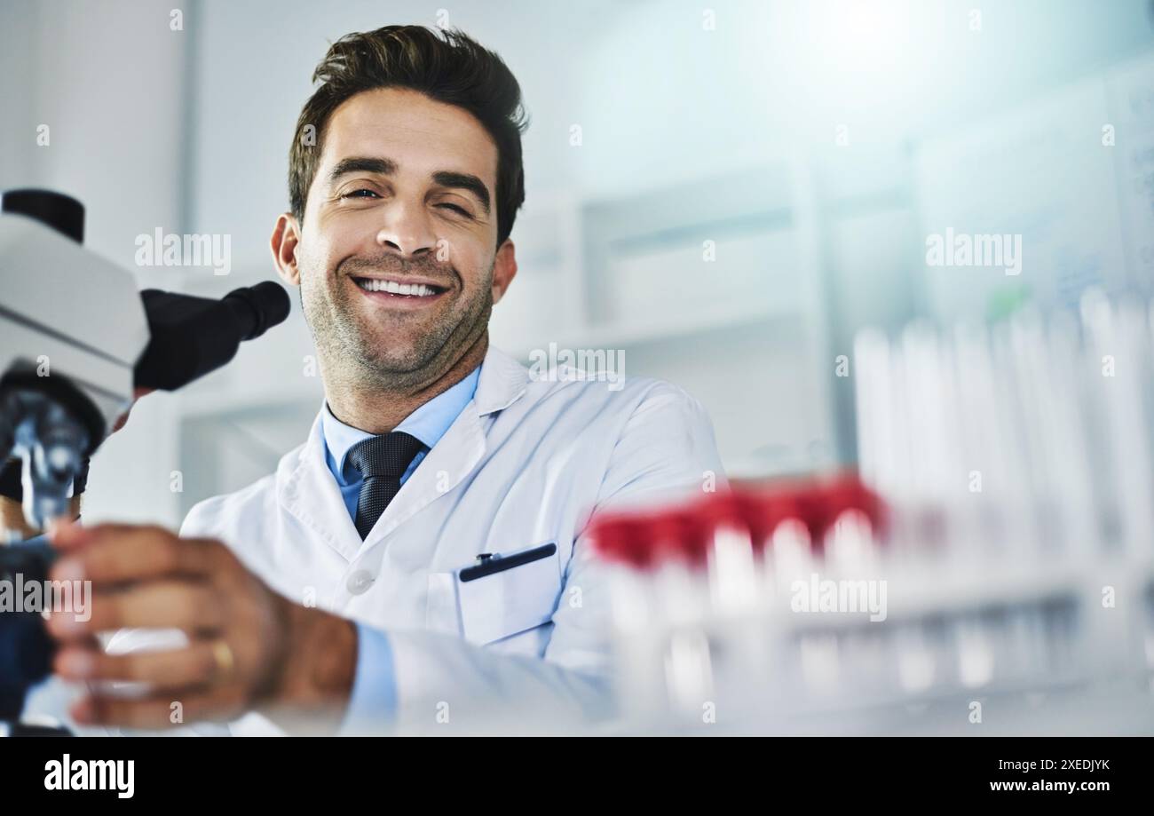 Lab, microscope and portrait of man, inspection and science with ...
