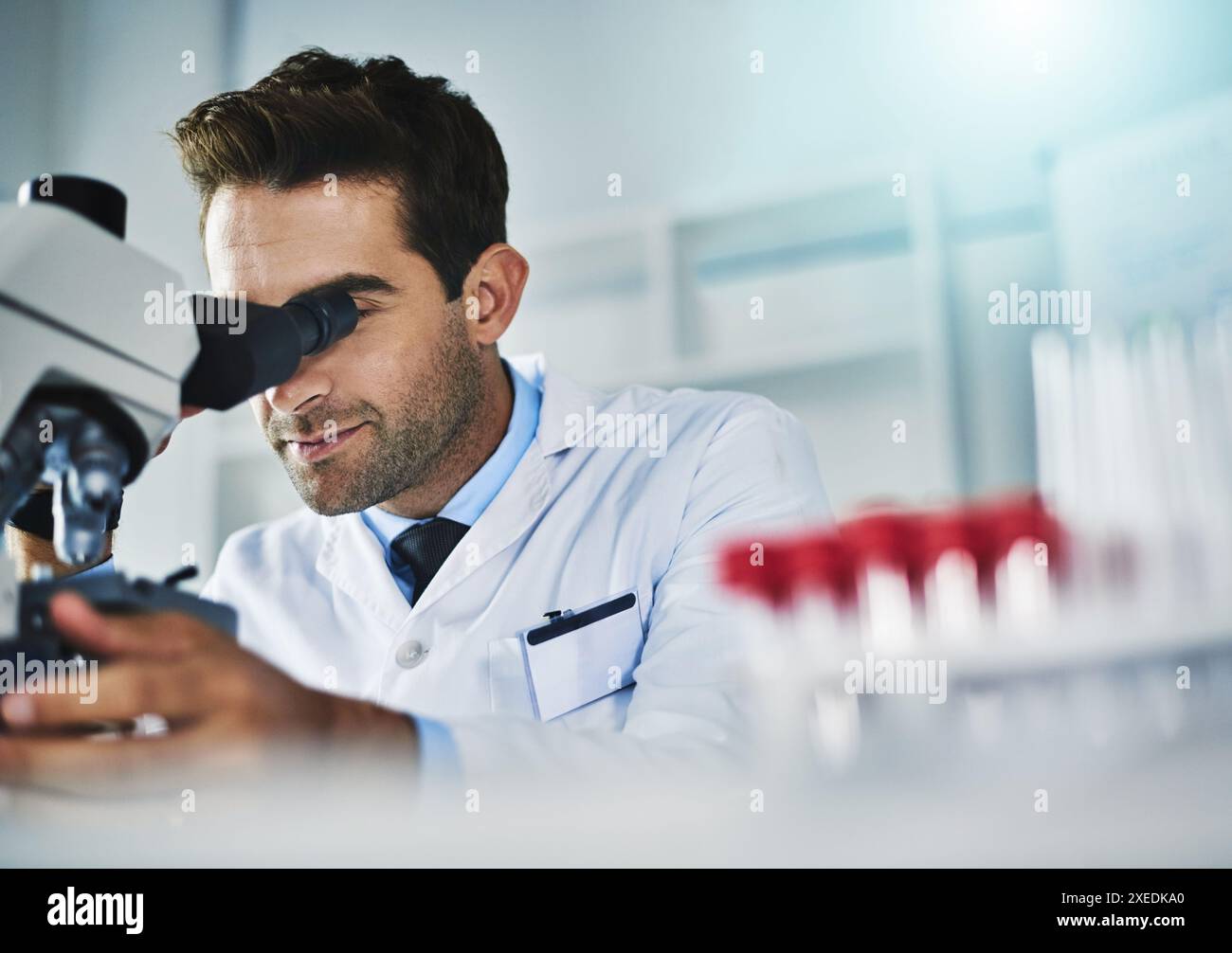 Lab, microscope and man with smile for inspection, science and ...