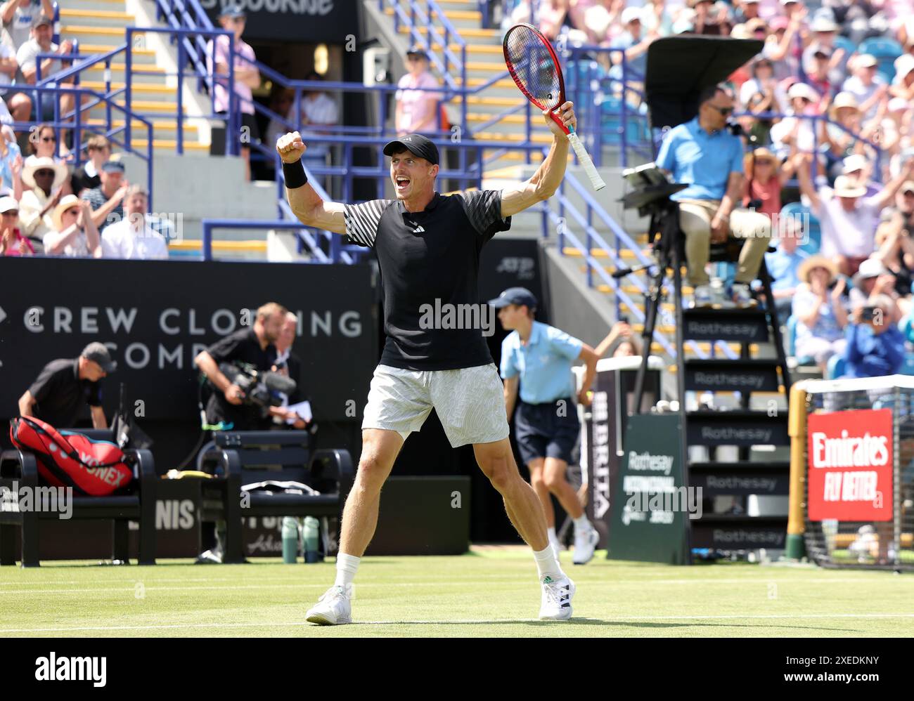 Billy Harris celebrates victory over Flavio Cobolli (not pictured) on ...