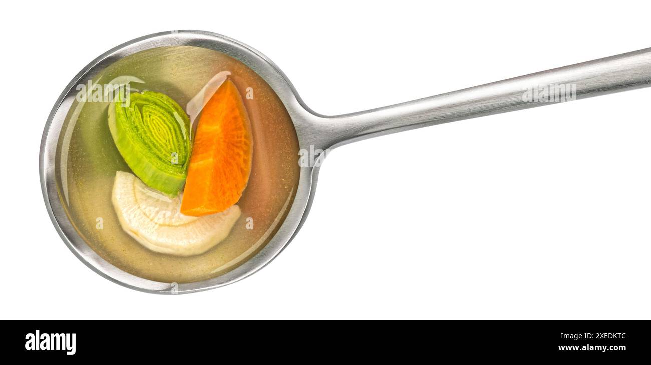 Spoon of vegetable broth isolated on white background, top view Stock ...