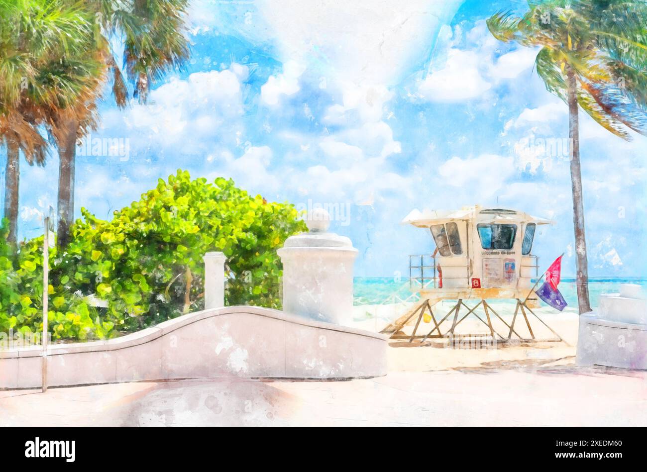 Watercolor painting illustration of beach promenade with palm trees in ...