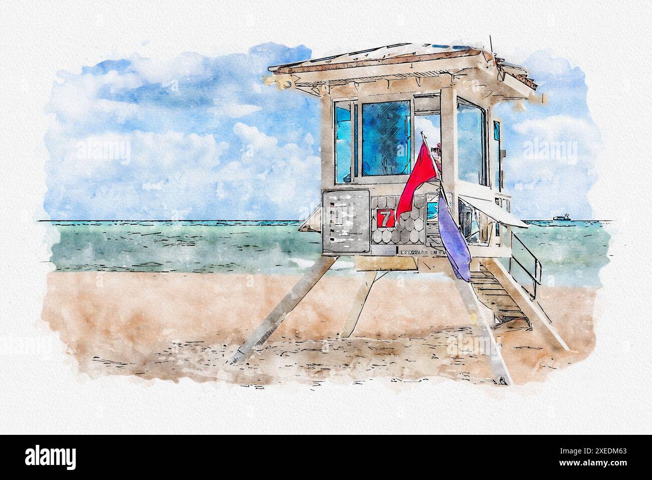Watercolor sketch of lifeguard tower in Fort Lauderdale Stock Photo - Alamy