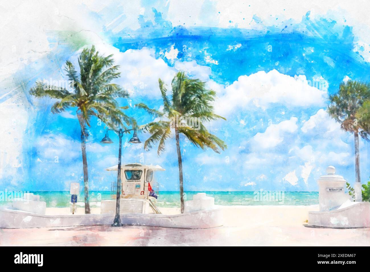 Watercolor painting illustration of beach promenade with palm trees in ...