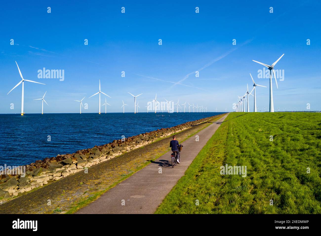 A man riding a electric bike down a path next to a vast wind farm in ...