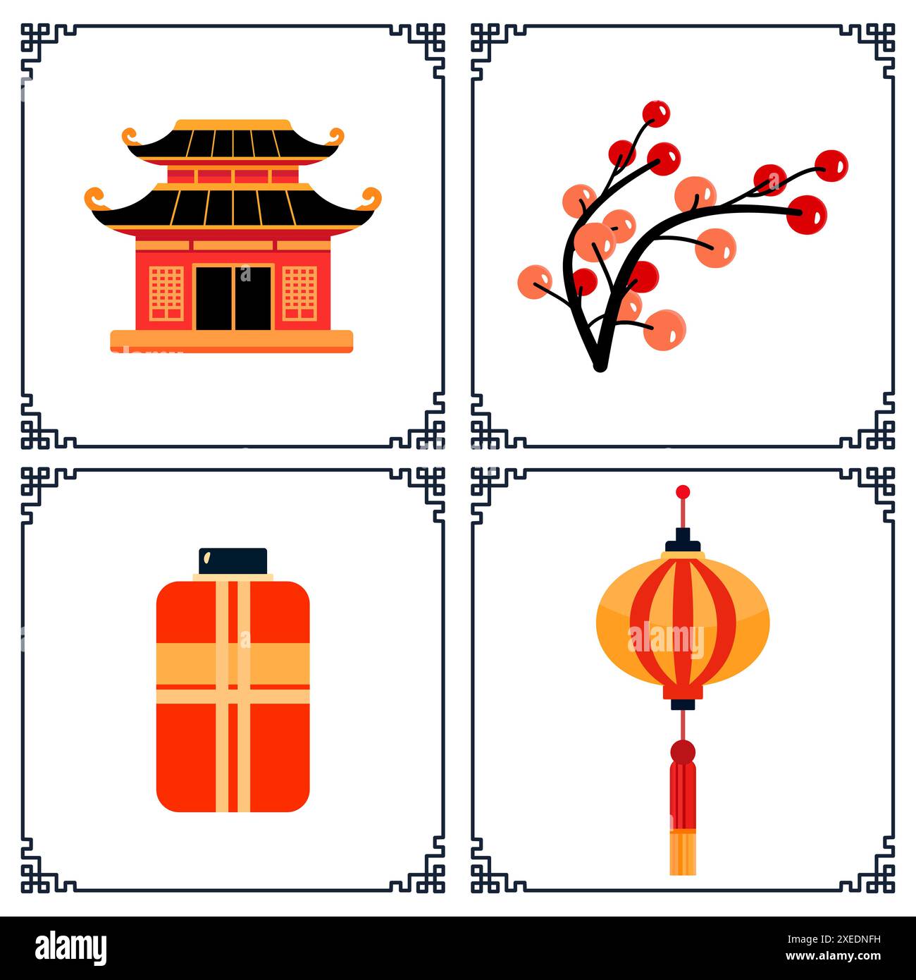 Vector illustration traditional asian symbols. Buddhist temple, branch ...