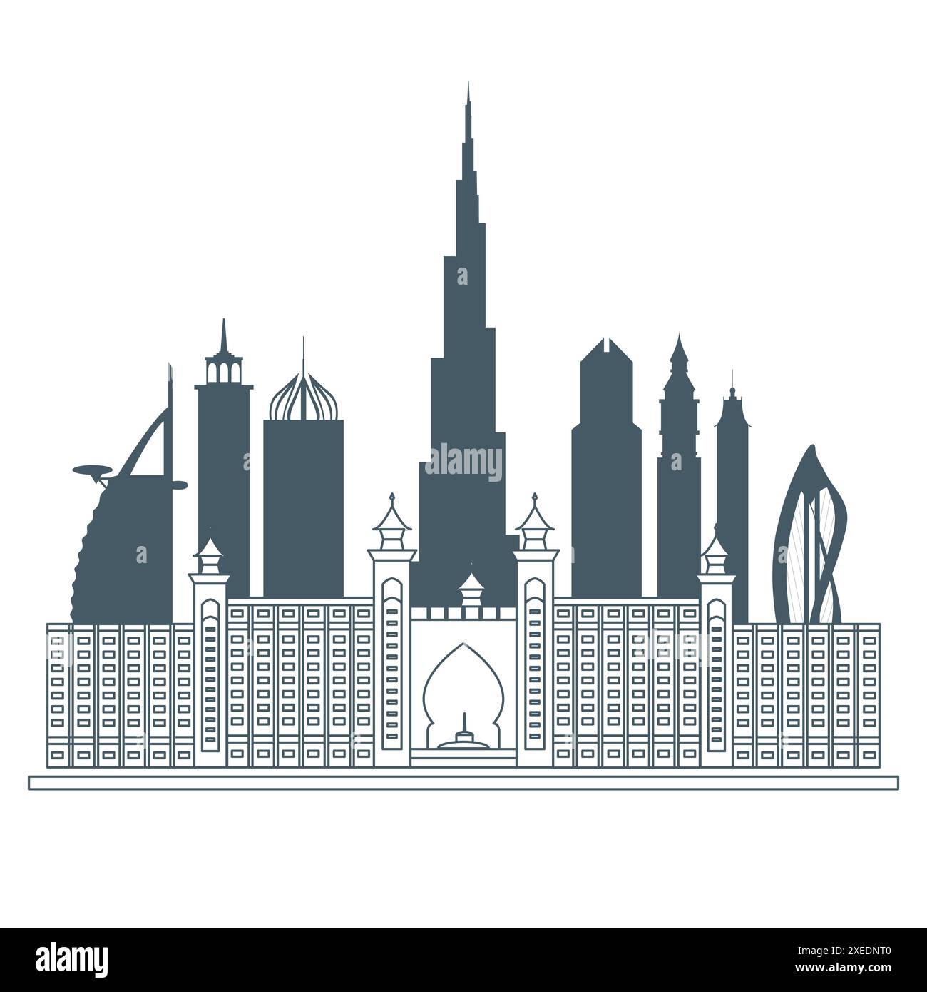 United Arab Emirates skyscrapers silhouette. Dubai buildings, hotels ...