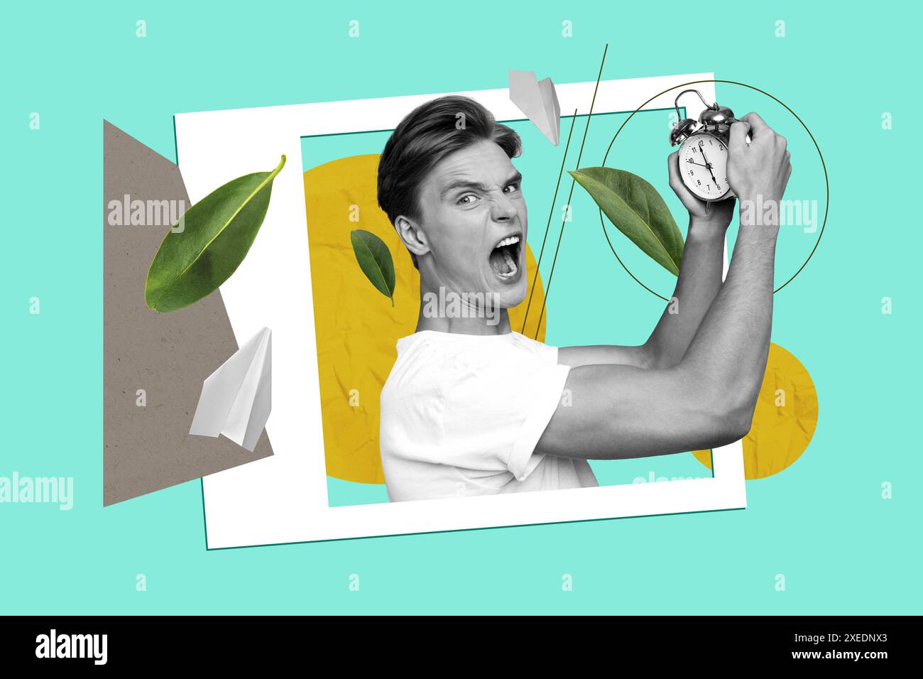 Vertical photo collage of angry man hold alarm clock ring wake bell ...