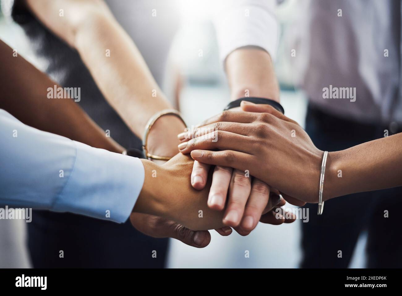 Business, people and hands stack in office or meeting, group and ...
