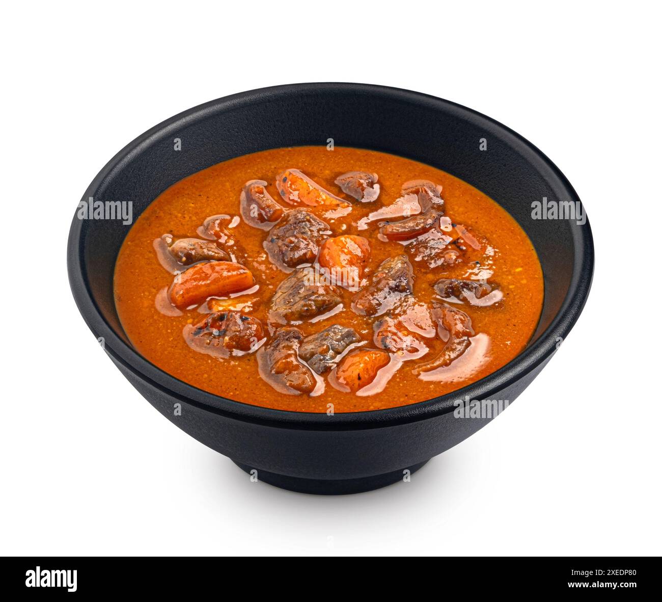Beef stew in tomato sauce in black bowl isolated on white background ...