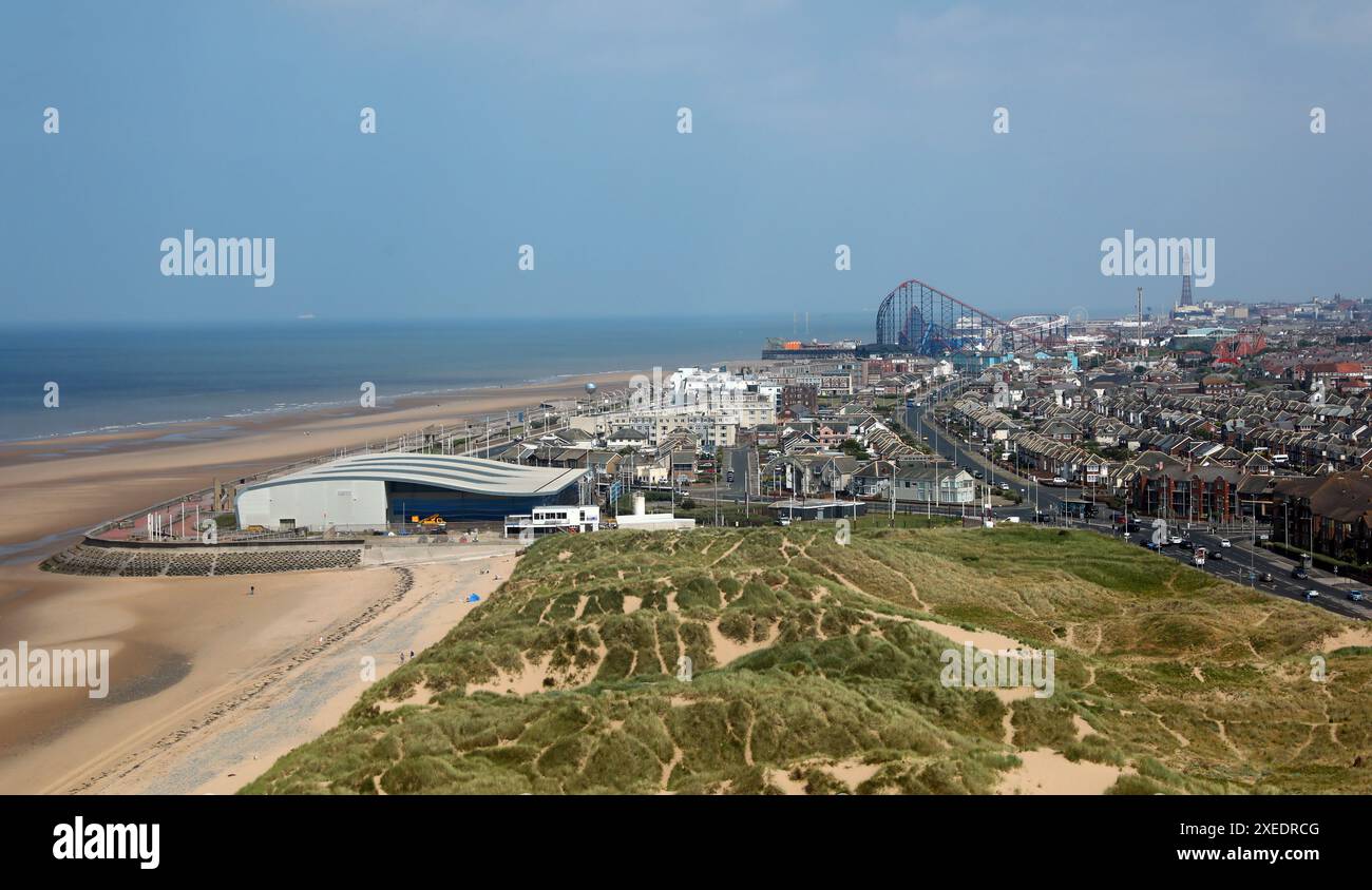 Low level aerial photograph of the Blackpool skyline from the sand ...