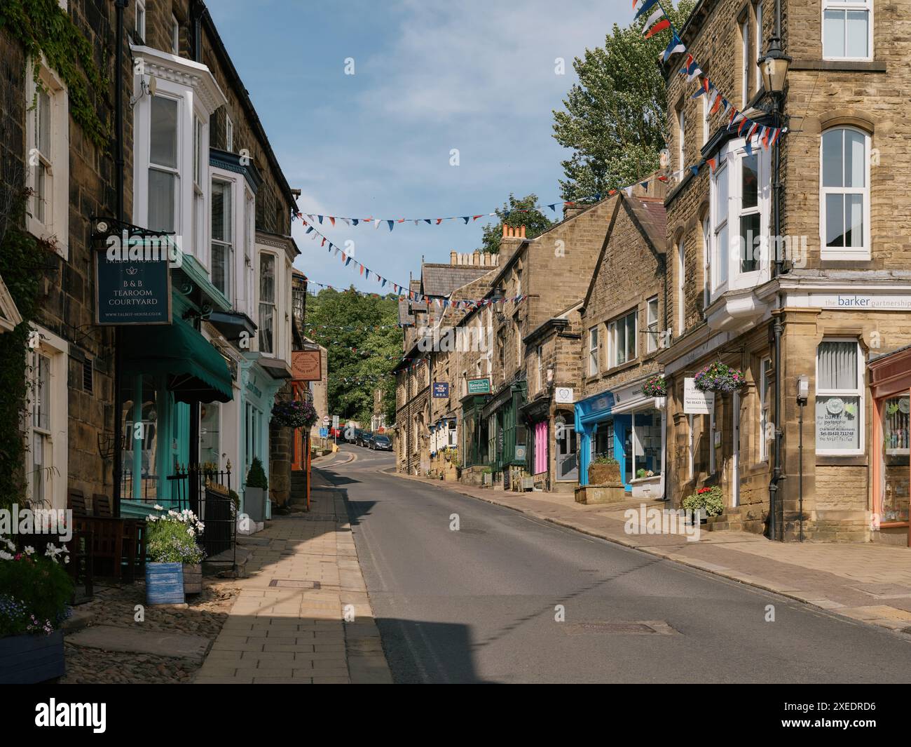The bunting decorated High Street of Pateley Bridge, Nidderdale, North ...