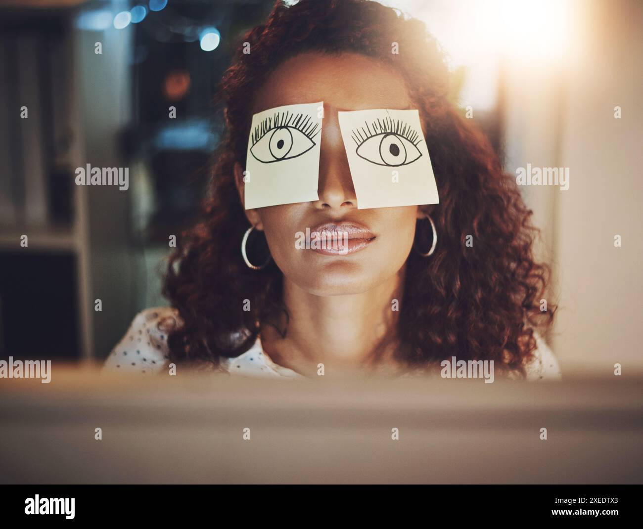Business woman, eyes and night with sticky notes to hide sleep, emotion ...