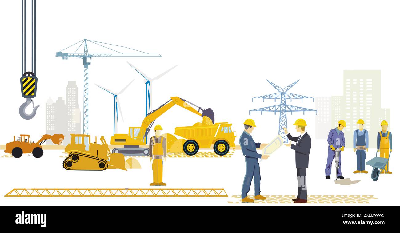 Construction workers on the line construction site, illustration Stock ...