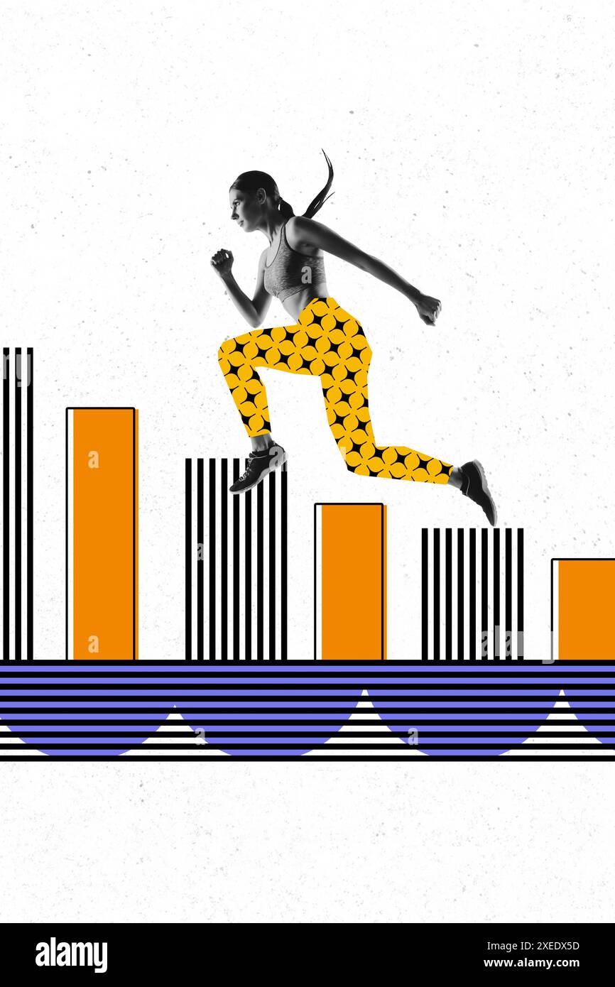 Picture collage image of purposeful ambitious woman running fast finish ...