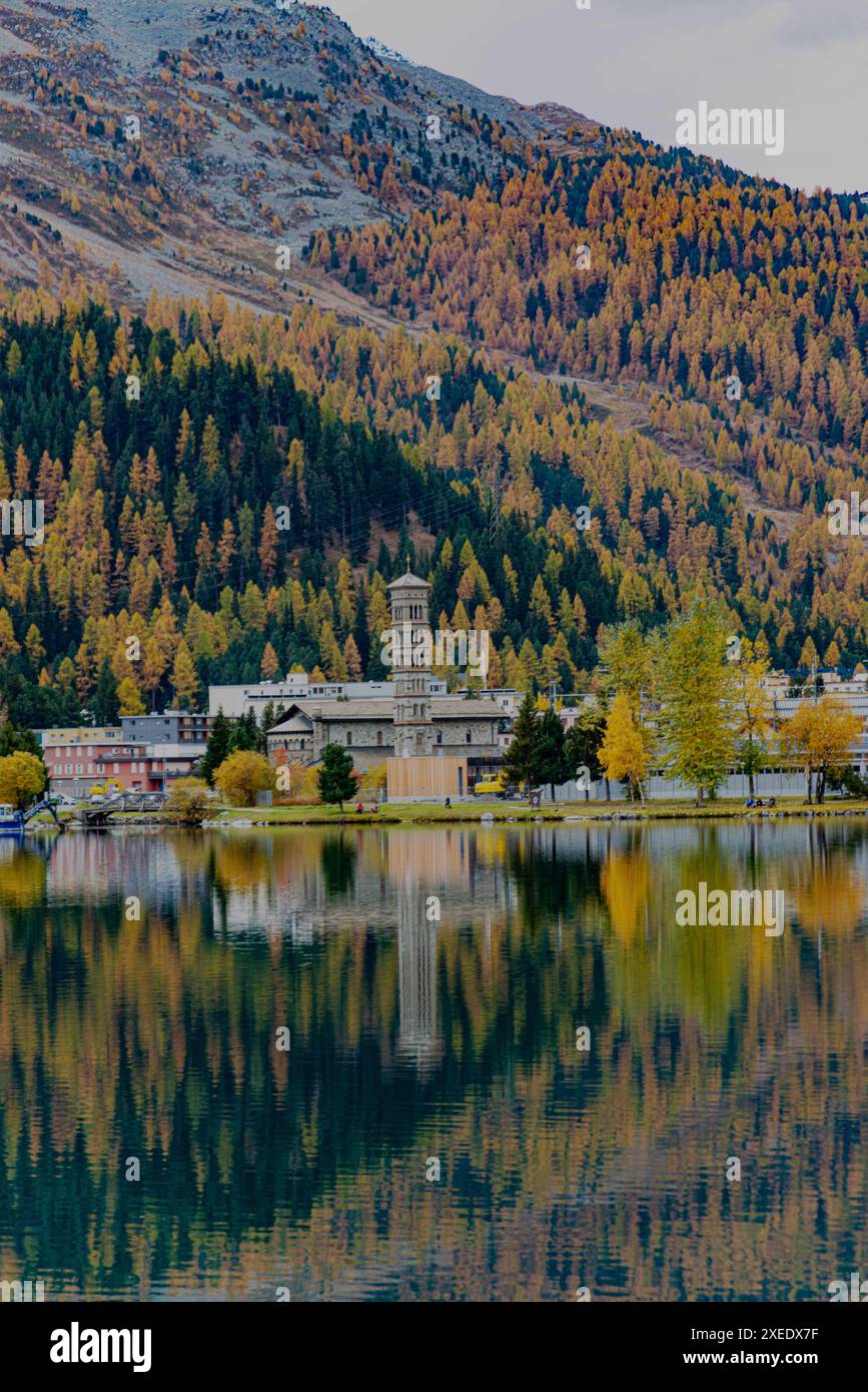 The city of St Moritz featuring the tower with mountains in the ...