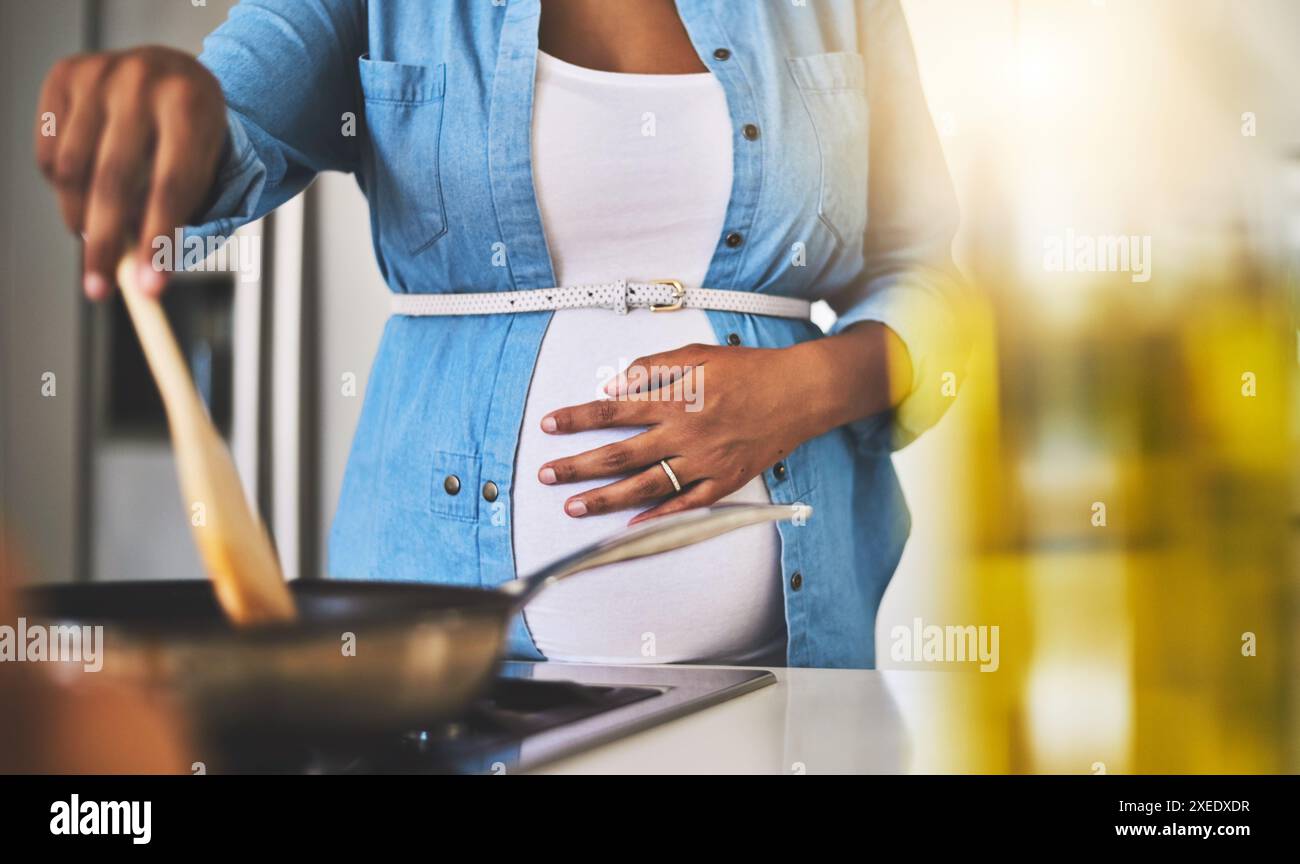 Food, cooking and pregnant woman in kitchen in home for healthy ...