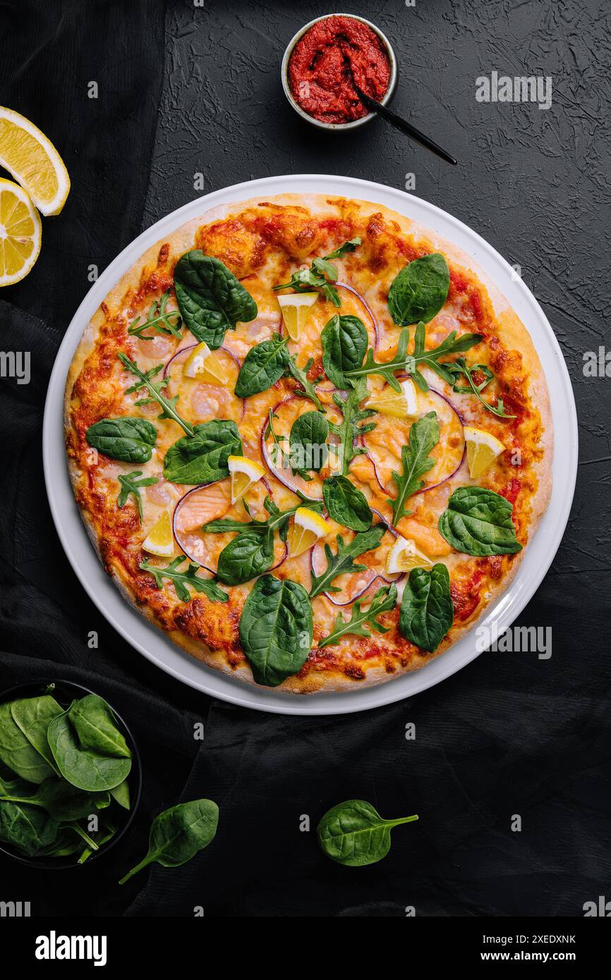 Seafood pizza. pizza with shrimp and red fish Stock Photo - Alamy