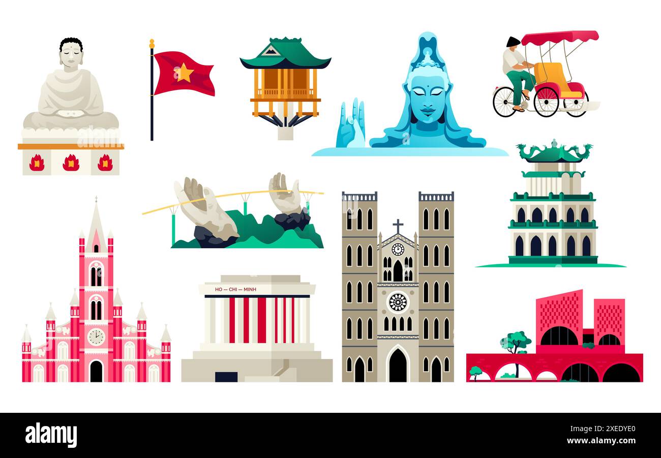 Buddhist Temples And Catholic Architecture Flat Design Style Objects Set Stock Vector Image