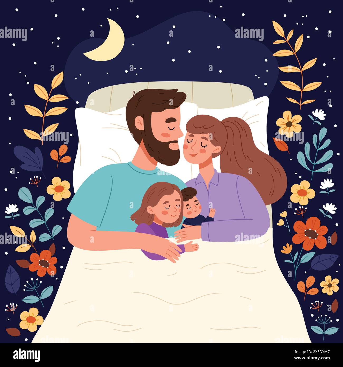 Mom, dad, daughter and son sleep together. Happy family.Childcare and ...