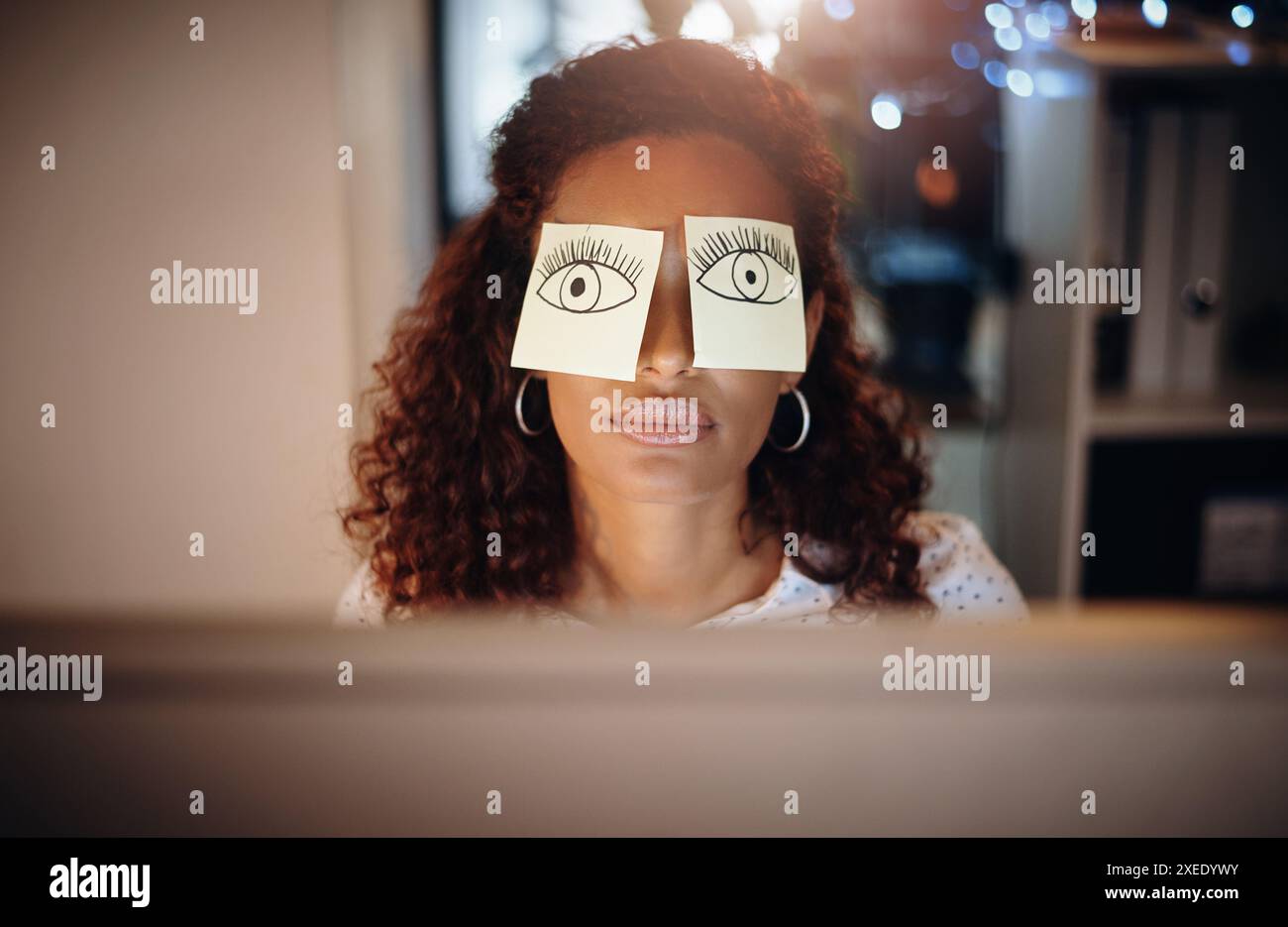 Tired woman, eyes and night with sticky notes for sleeping, emotion or ...
