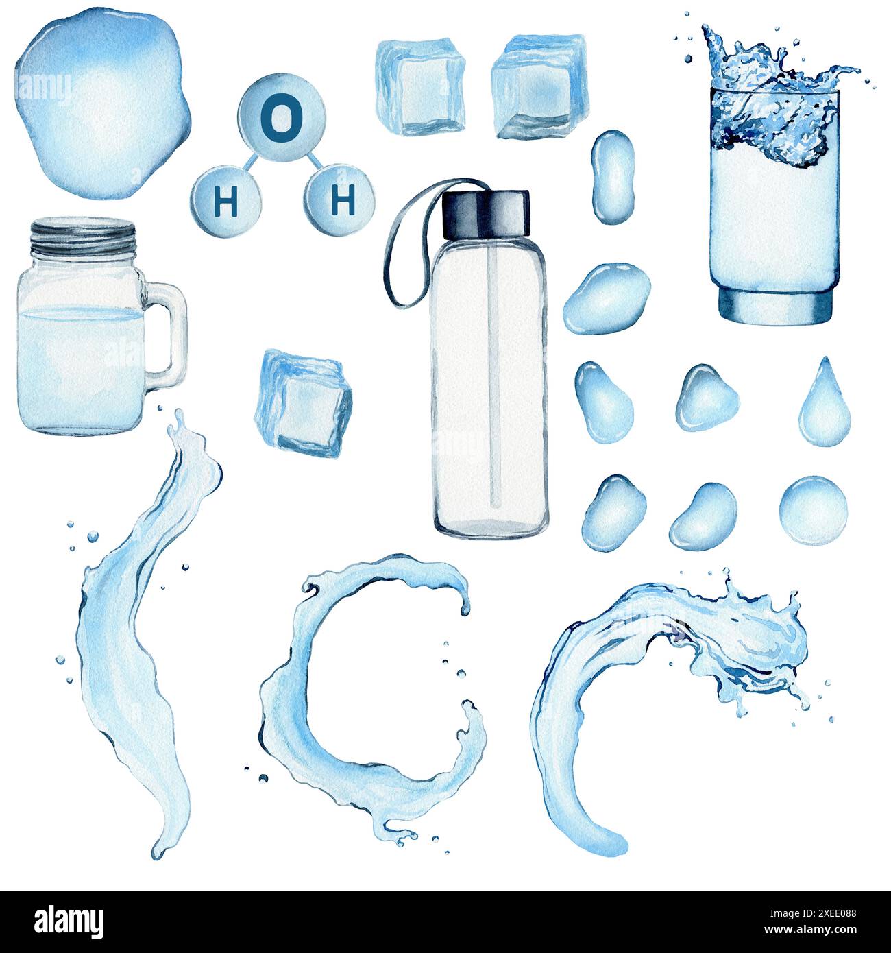 Watercolor illustration set of water drops, splashes, ice blocks ...