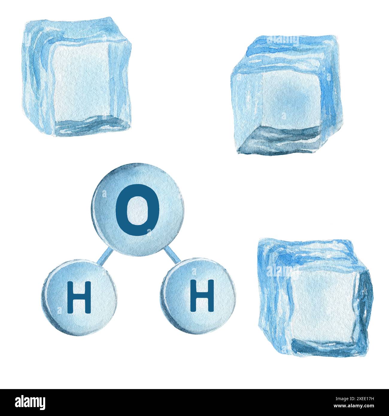 Ice cubes with chemical formula of water. Watercolor illustration on ...