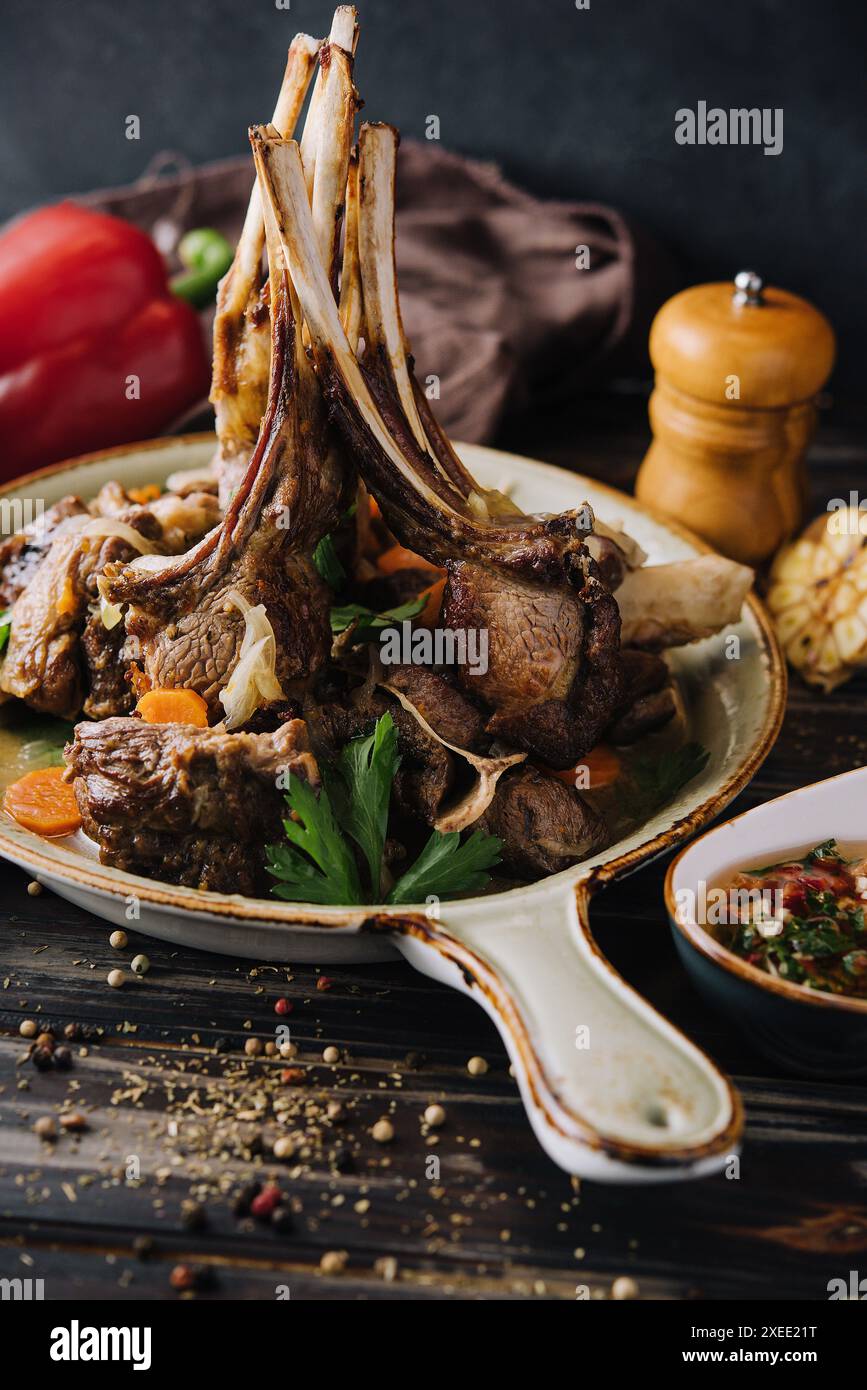 Roasted lamb chops with vegetables Stock Photo - Alamy