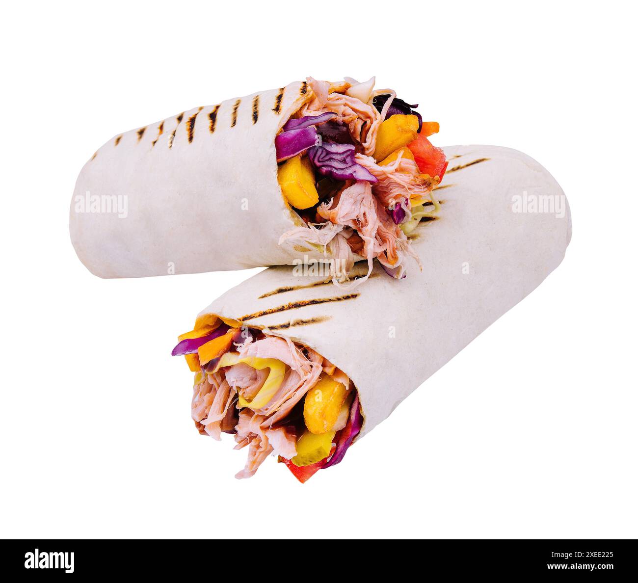 Delicious chicken shawarma with french fries on white Stock Photo - Alamy