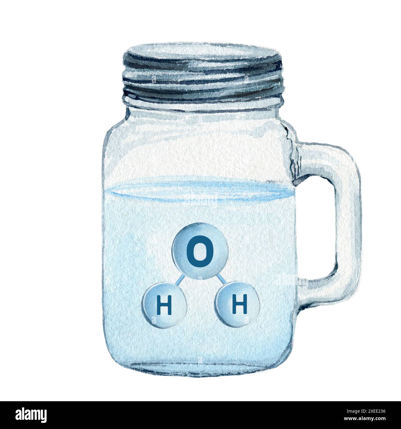 Glass of water with chemical formula of water. Hand drawn watercolor ...