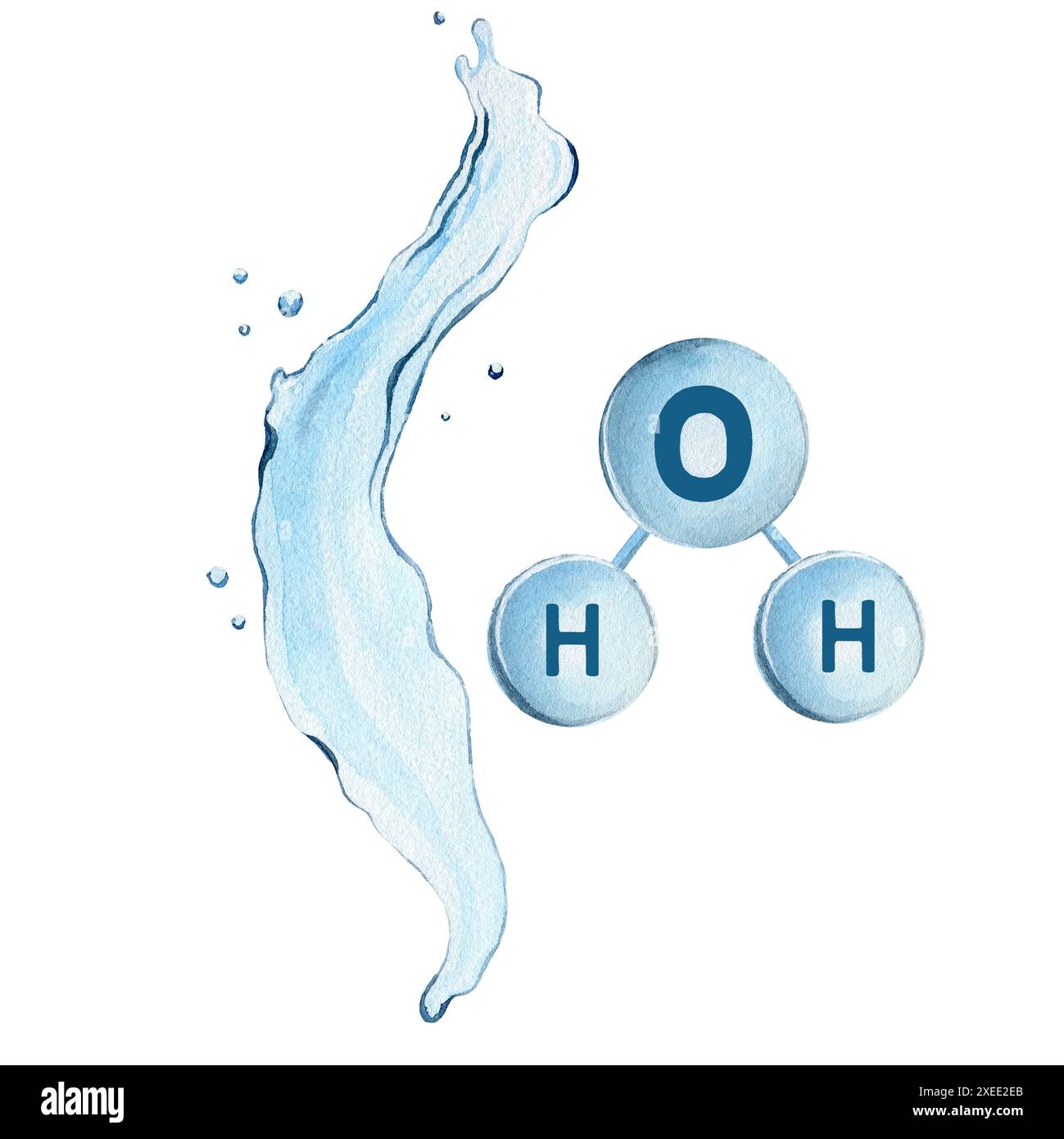 Stream and splash of water with chemical formula of water isolated on ...