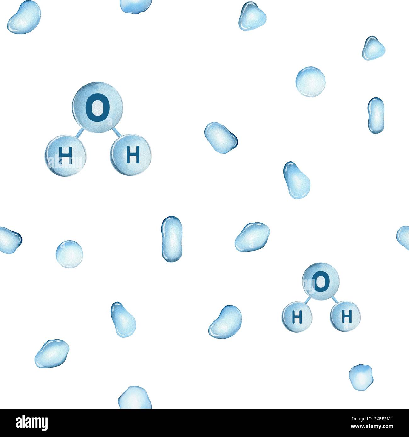 Seamless pattern with blue water drops and chemical formula of water ...