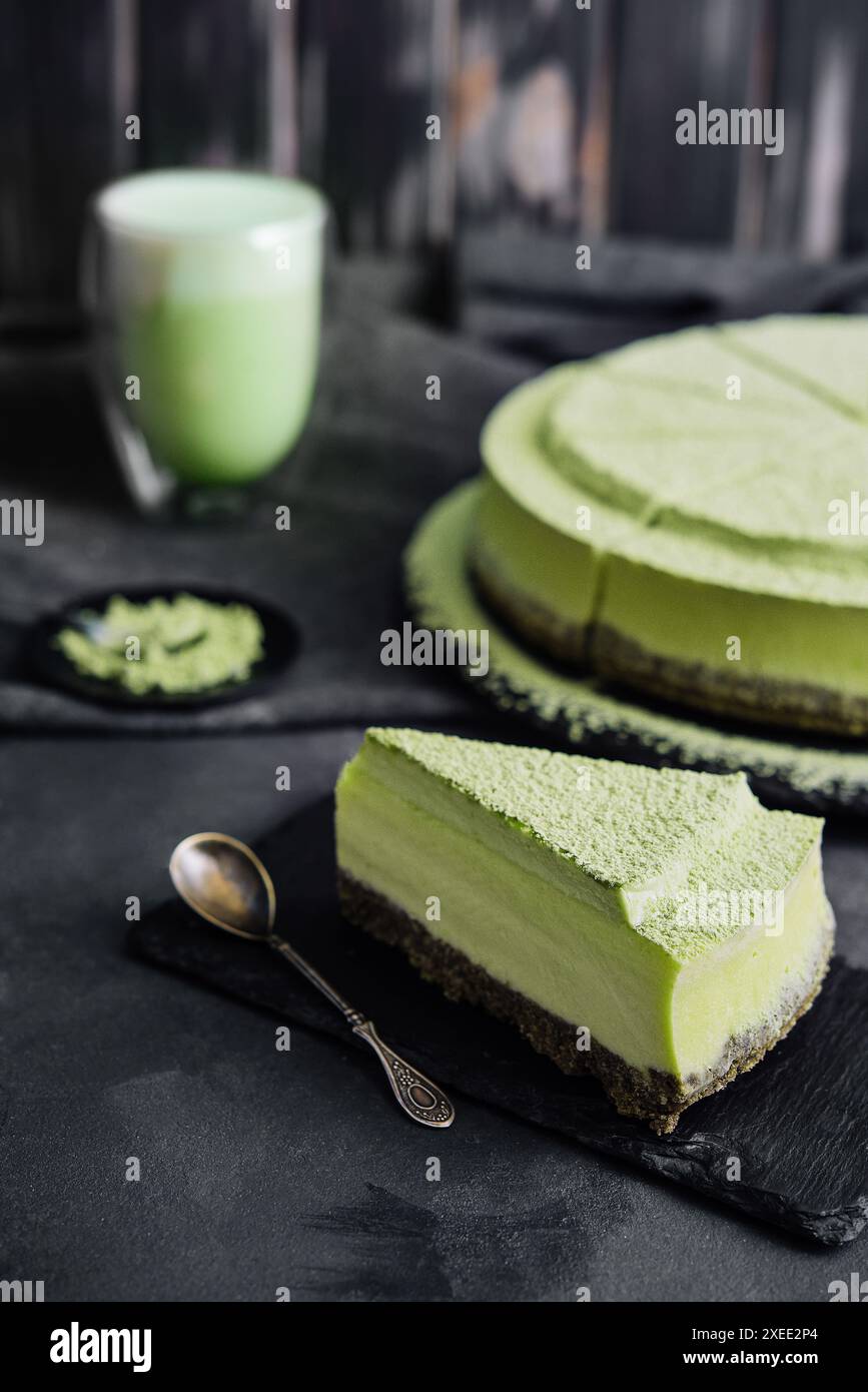 Matcha cheesecake with matcha coffee Stock Photo - Alamy