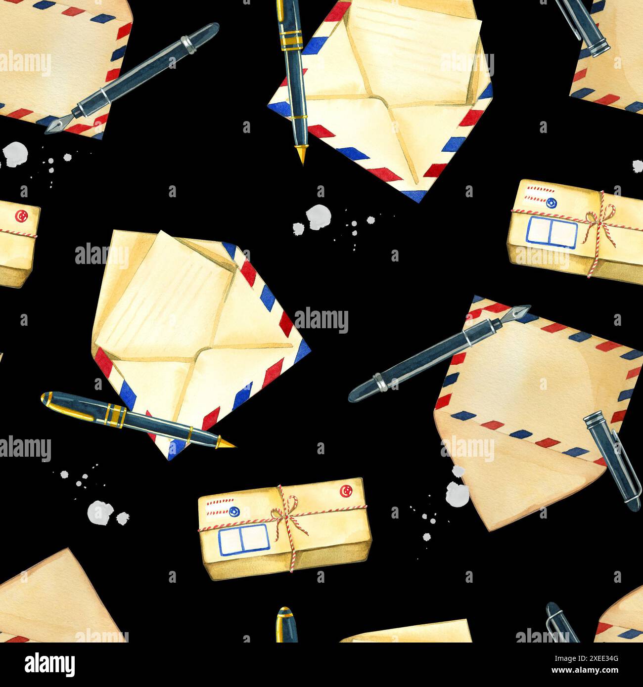 Postal envelopes with red and blue stripes, parcel, fountain pens on a ...