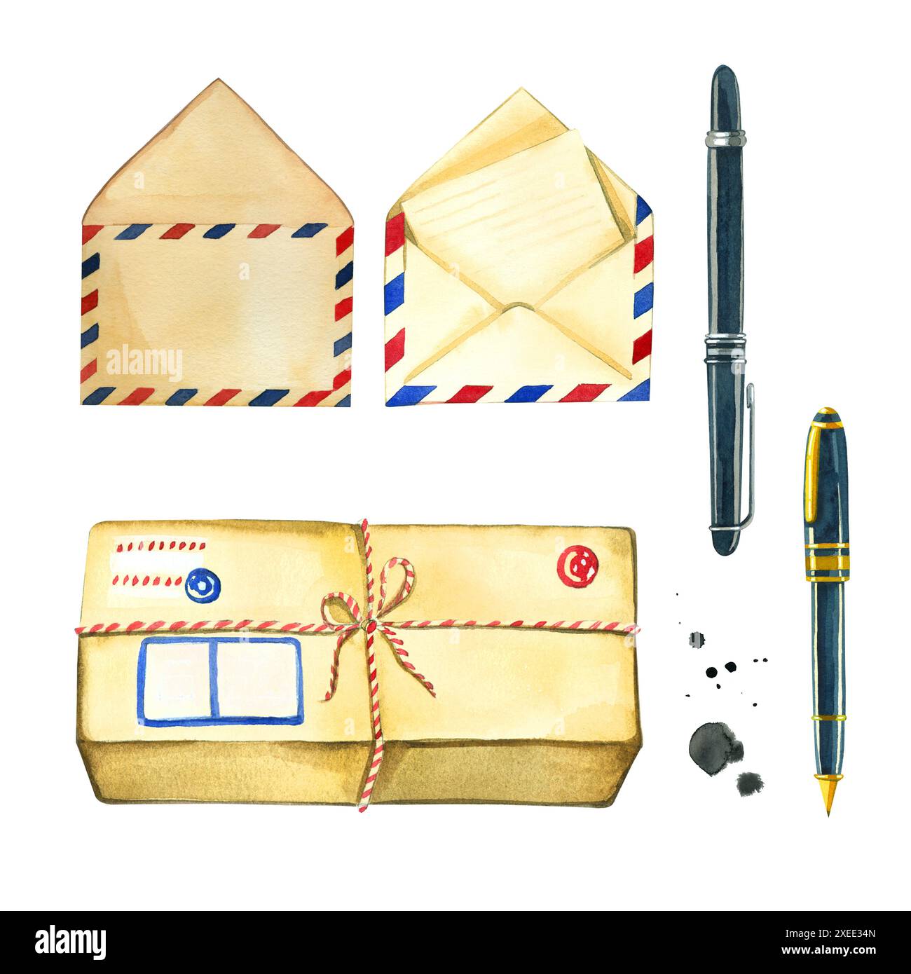 Set of watercolor illustrations. World Post Day. Parcels, envelopes ...