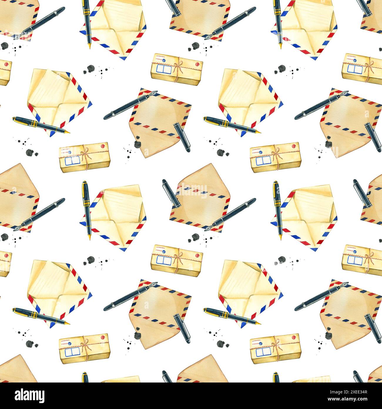 Postal envelopes with red and blue stripes, package, fountain pens. All ...