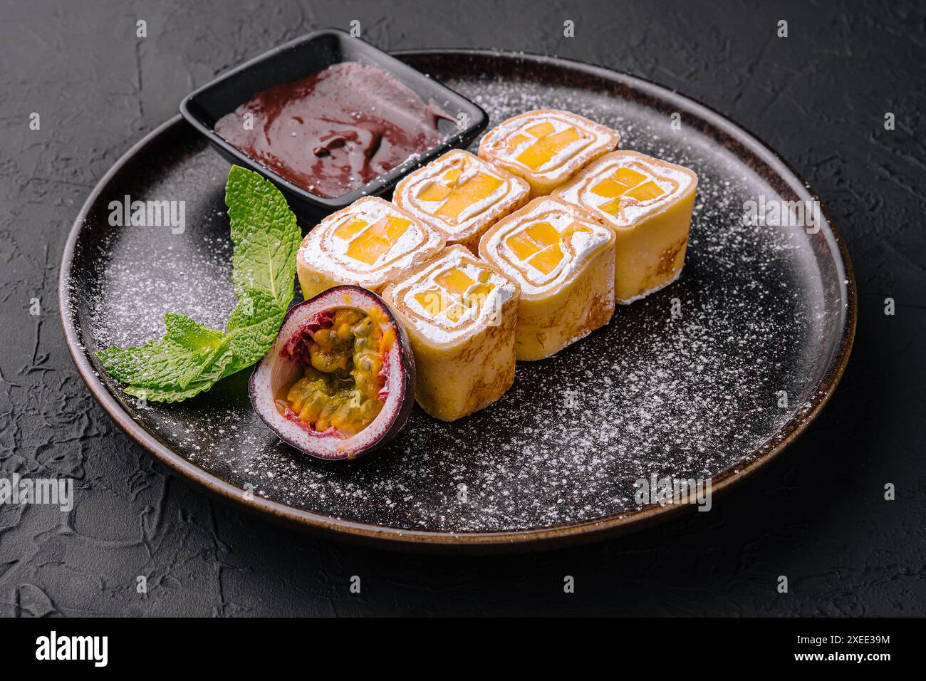 Delicious fruit sushi rolls in pancake with cottage cheese Stock Photo ...