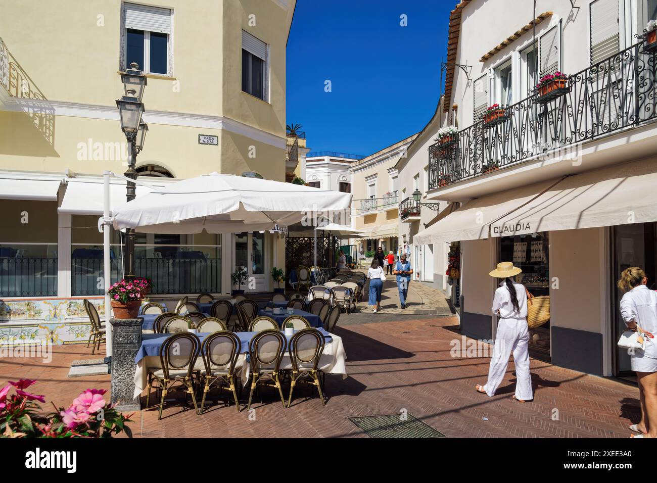 Anacapri, Italy Diaz square with outdoor seating area and walking crowd ...