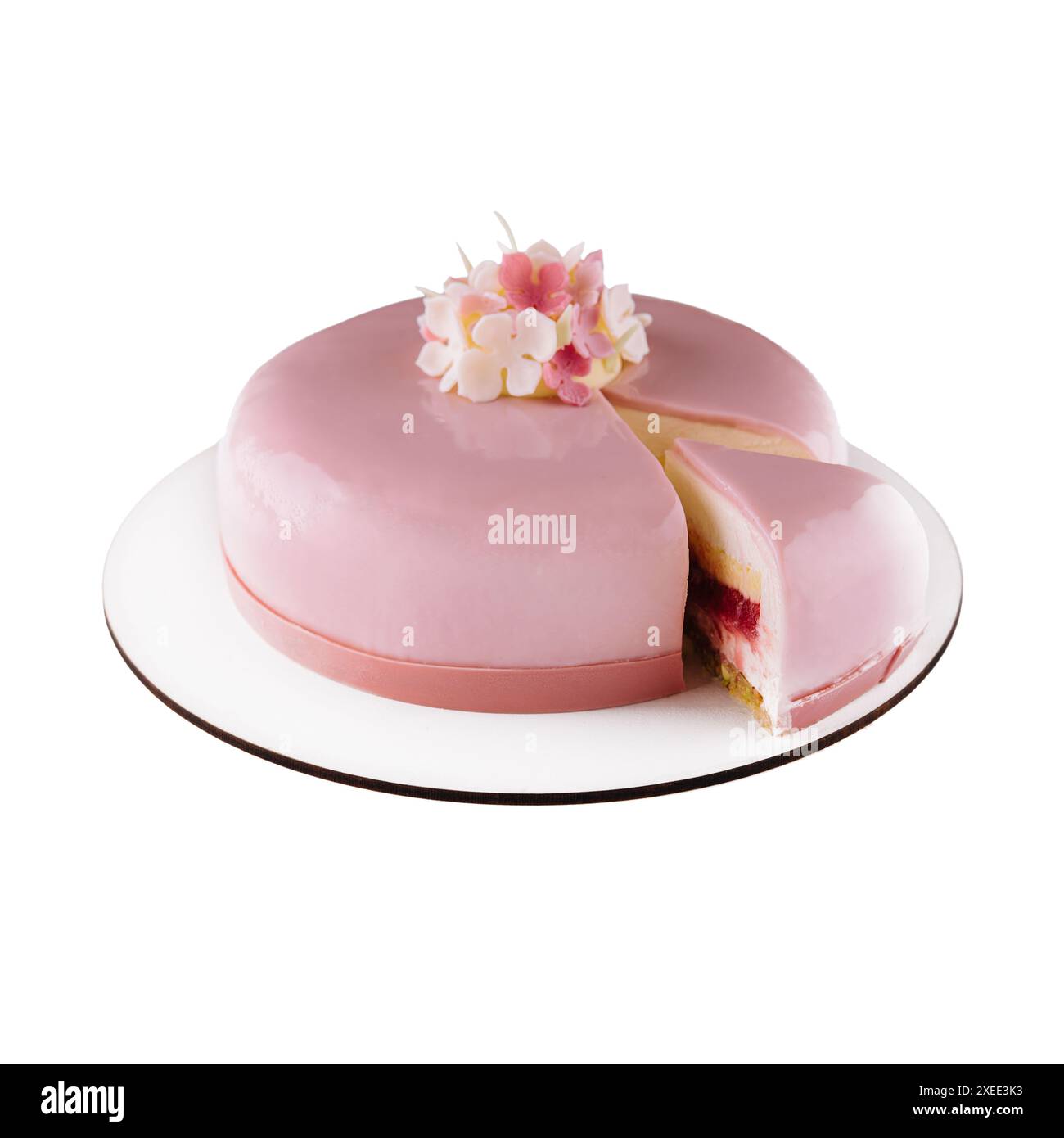 Pink mousse cake with mirror glaze decorated with flowers Stock Photo ...