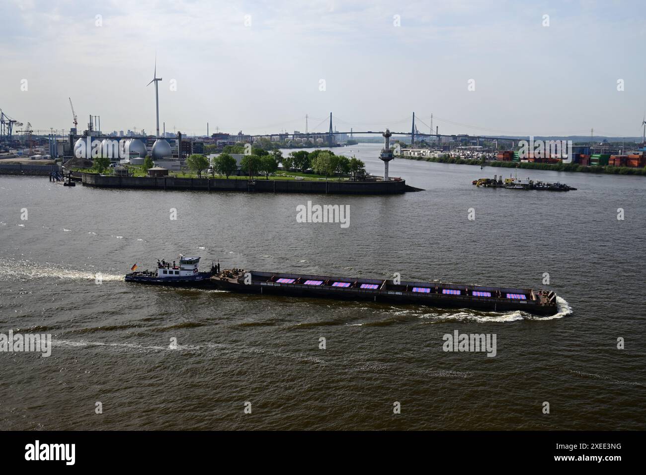 A barge on the river Elbe in the port of Hamburg, Germany Stock Photo ...