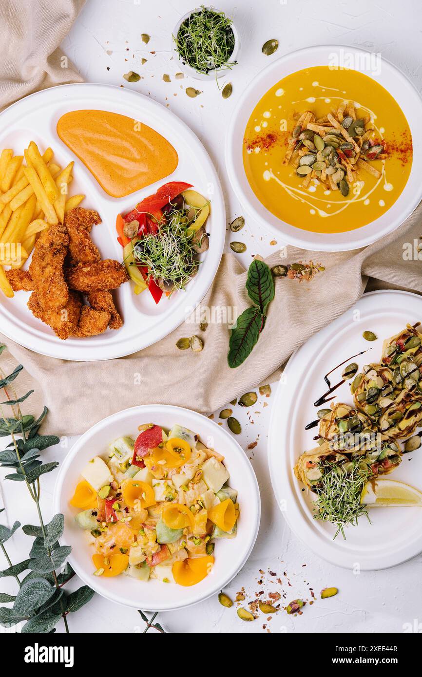 different types of delicious food on top view Stock Photo - Alamy