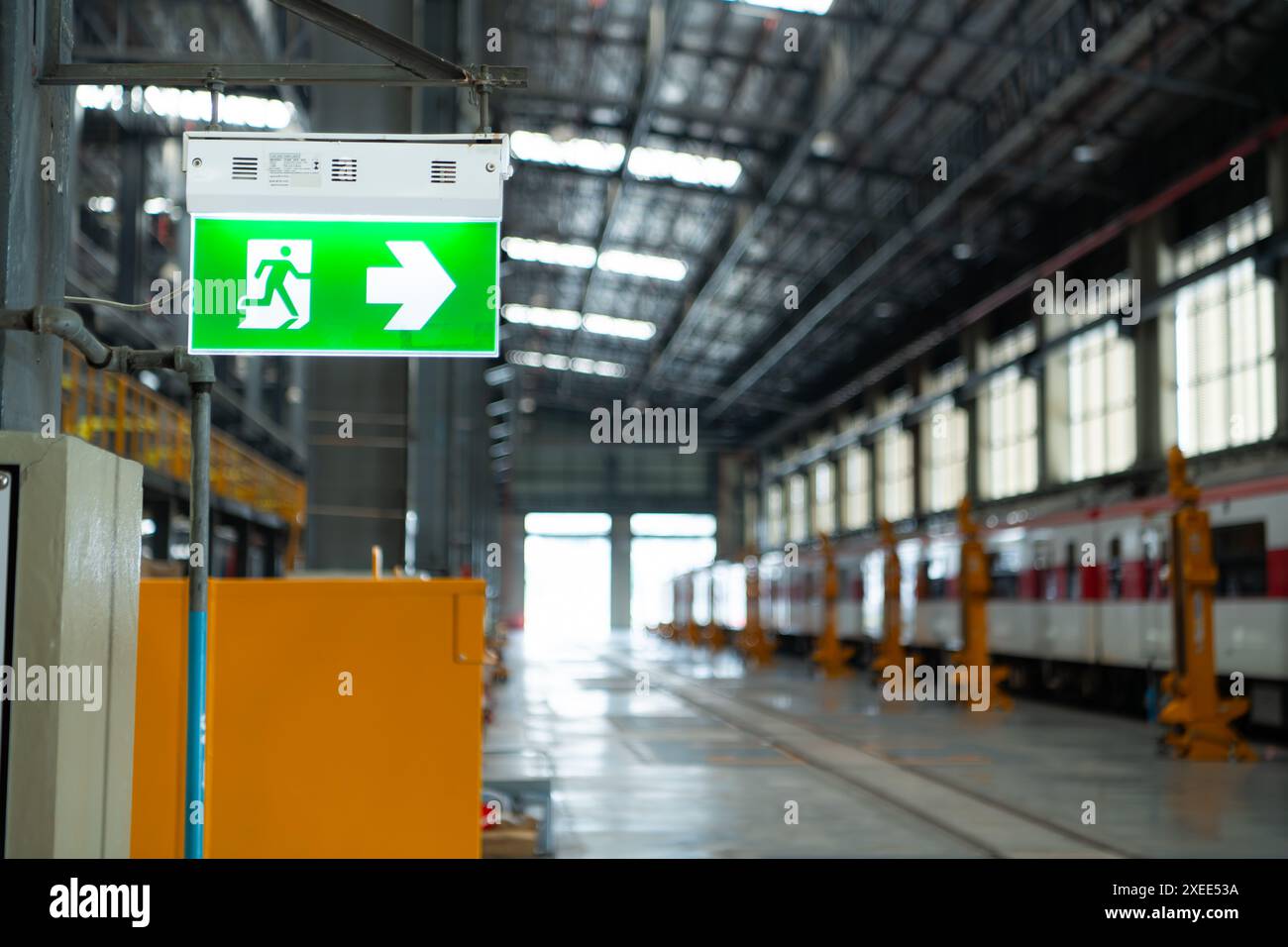 Emergency exit sign on the platform of the railway repair station Stock ...