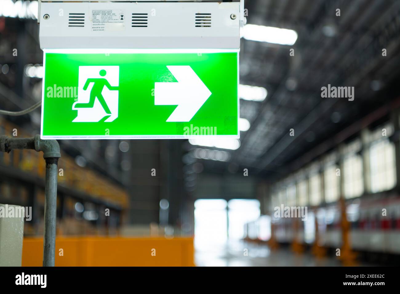 Emergency exit sign on the platform of the railway repair station Stock ...